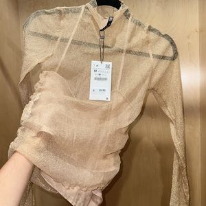 Zara | Tops | Shiny Tulle Top Bronze M By Zara | Poshmark